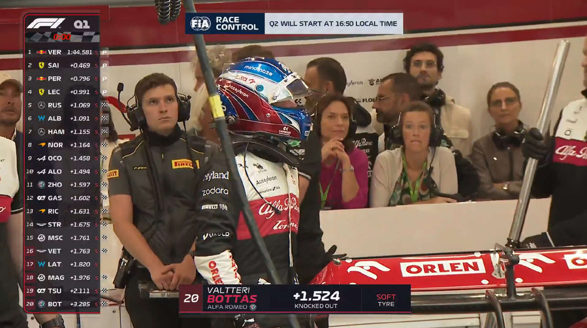 一圈逆袭！F1比利时站排位赛Q1：周冠宇第11进Q2，博塔斯垫底出局-直播吧